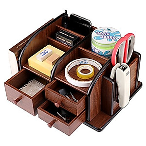 Flexzion Wooden Desk Organizer w/Drawers - Classic Wood Office Supplies Accessories Desktop Tabletop Sorter Shelf Rack Cherry Brown Pencil Holder Caddy Set with 3 Drawers, 3 Compartments & 2 Shelves