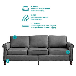 CECER 3 Seater Sofa with Deep Seats，Mid-Century Modern Upholstered Couches with Nailhead Trim，Easy to Install，Comfy Couches for Living Room, Bedroom, Apartment and Office (Dark Grey)