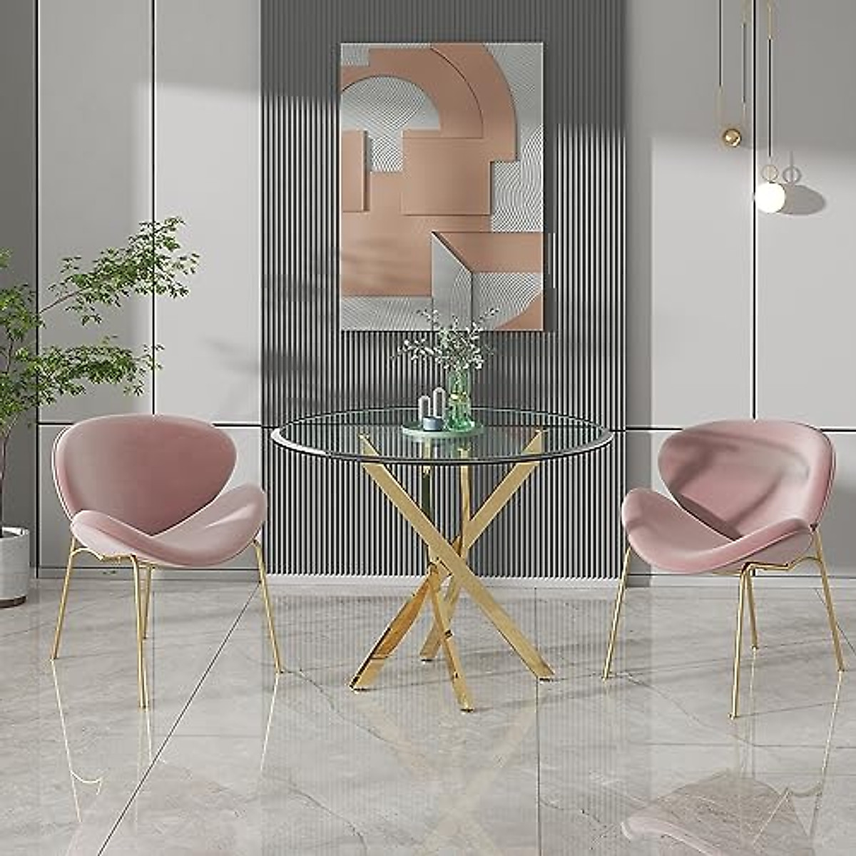 Goderfuu 3 Piece Dining Table Set, Modern 36 in Round Dining Table with 2 Pink Upholstered Dining Chairs, Kitchen Dining Room Table Set for 2, Circle Glass Dining Table and Chairs Set for Living Room