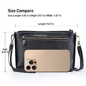 Perenne Small Crossbody Purses for Women Clutch Crossbody Bag Wristlet Handbags Large Capacity Genuine Leather Double Zipper with Wrist Shoulder Strap Black
