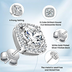 Tunzug Moissanite Halo Earrings Square 0. 5-3 Carat 925 Sterling Silver Plated 18K Gold Plated Friction Flat D Color VVS1 Clear Earrings for Men Women