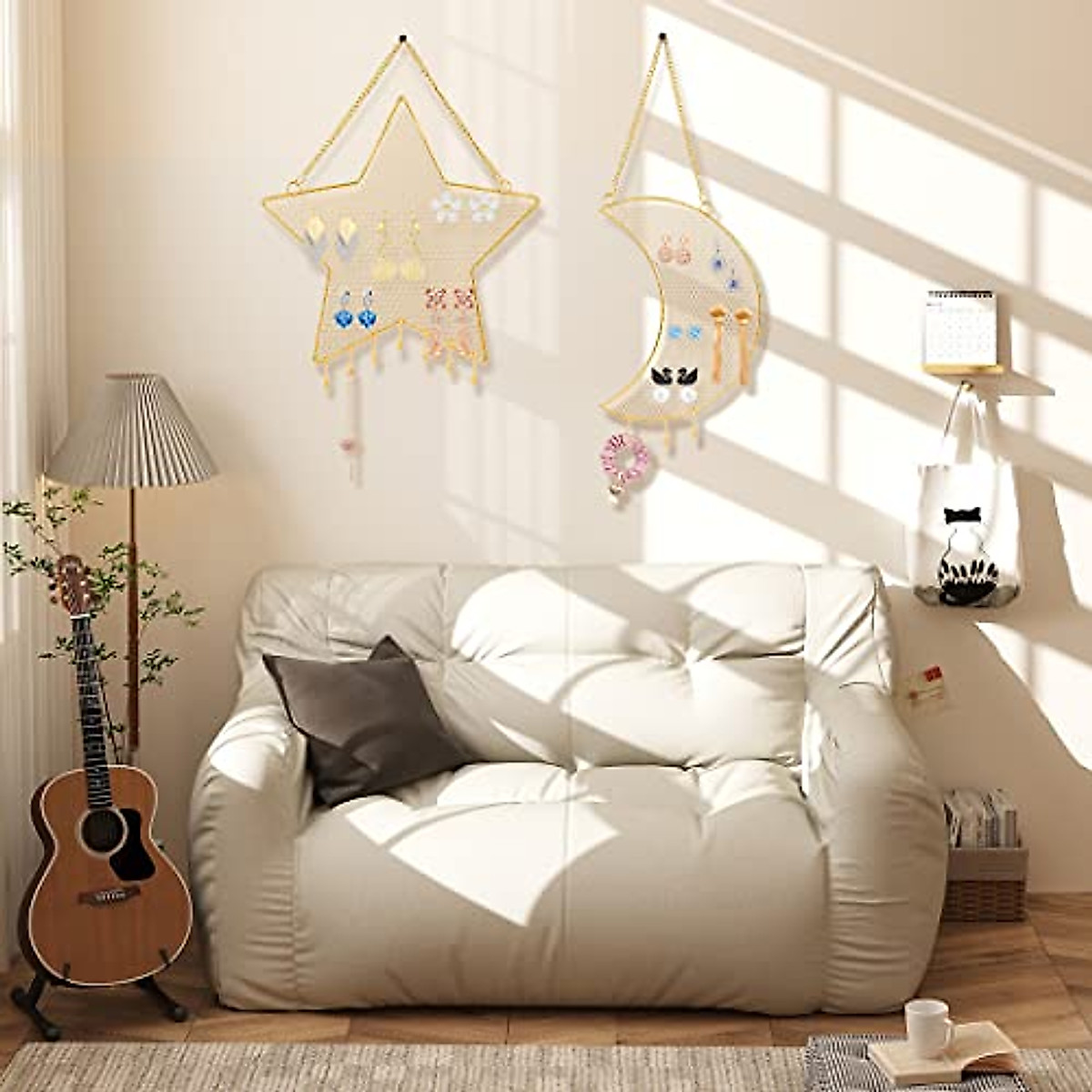 Rolin Roly Earring Wall Holder Wall Mounted Jewelry Rack Hanging Earring Organizer with3 Hooks Moon Shaped for Display Grid Golden Bracelet Necklace Ring