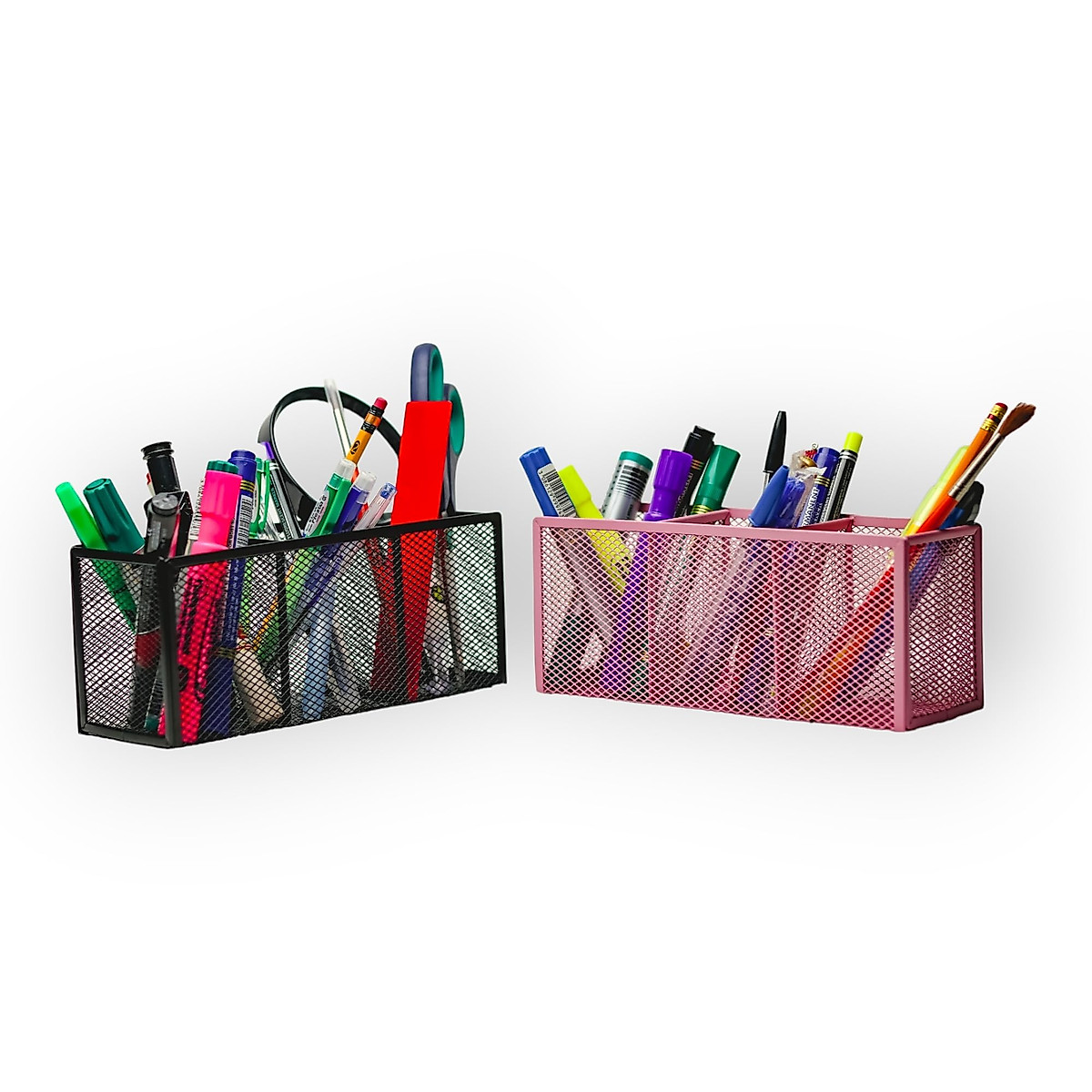 Jolly Desk Duo Pack Mesh Metal Pen Pencil Holder With 3 Rectangular Compartments in Black and Pink Organization for Your Desk Office Classroom Home
