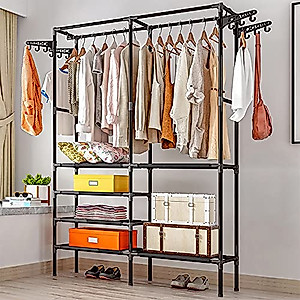 MOAMUN Metal Garment Rack Clothing Hanging Rack Free Standing Clothing Hanger with Top Rod,Lower Storage Shelves for Home Bedroom Laundry (Black)
