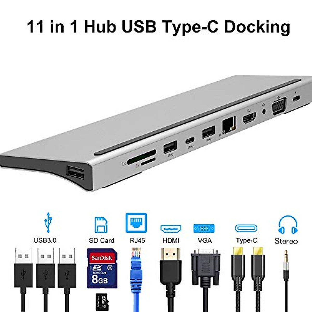 XUNMAIFHB Portable Docking Station,Type-C Multi-Function Docking Station hub hub MacBook Notebook Converter USB3.0/SD Card/RJ45/HDMI/VGA/Stereo Fast Transmission, Gray