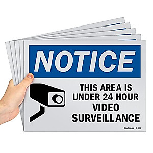 SmartSign (Pack of 5) 9 x 12 inch “Notice - This Area Is Under 24 Hour Video Surveillance” Sign, Screen Printed, 10 mil Polystyrene Plastic, Blue/Black on White