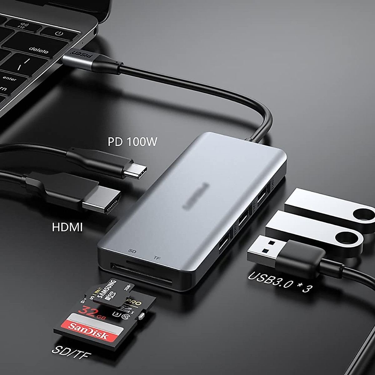 Port Expander USB C Hub Adapter 7 in 1 Multiport USB-C Docking Station with 4K HDMI, 3 USB 3.0 Port, SD/TF Card Reader and PD 60W USB Splitter