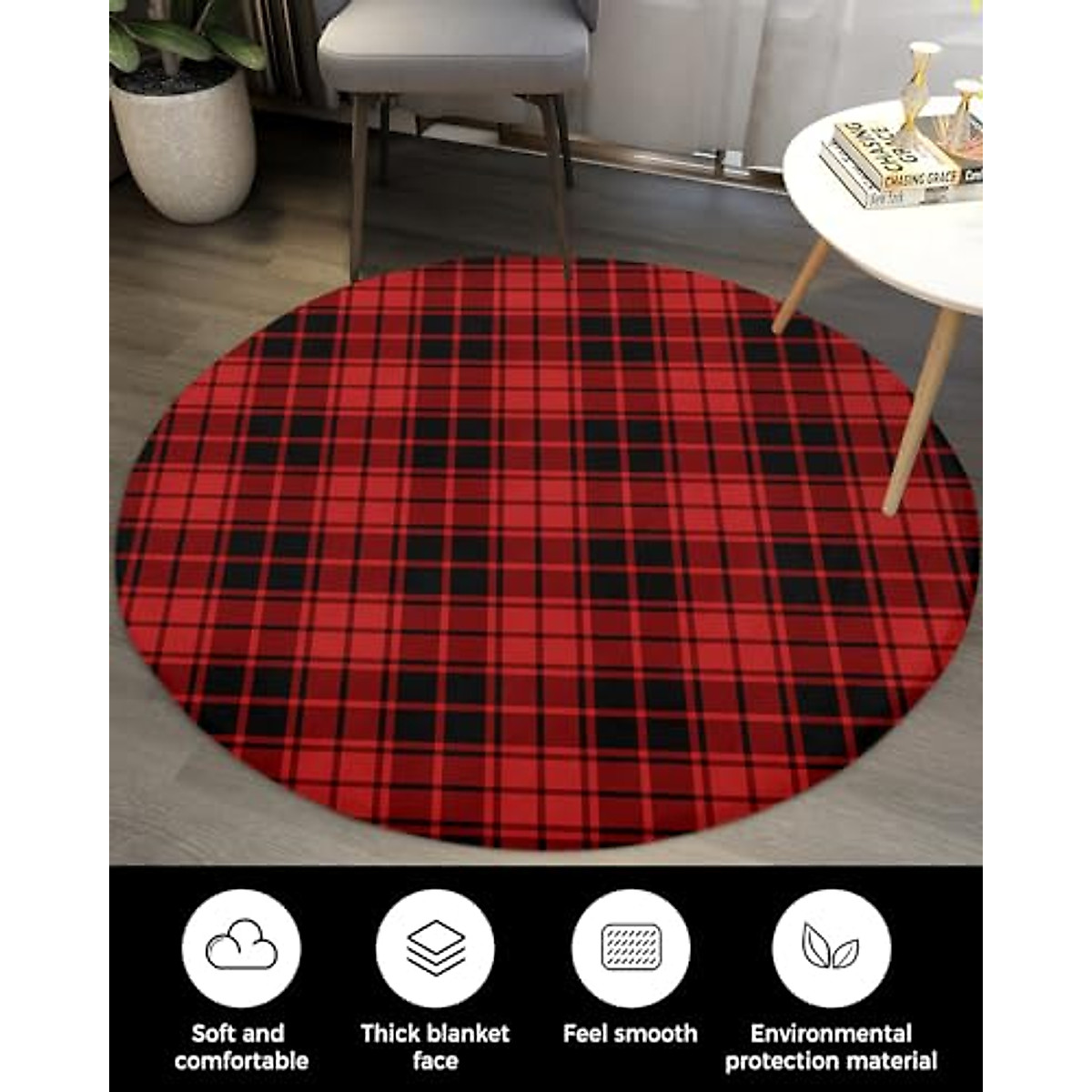 Christmas Fluffy Round Area Rug Carpets 3.3ft, Plush Shaggy Carpet Soft Circular Rugs, Non-Slip Fuzzy Accent Floor Mat for Living Room Bedroom Nursery Home Decor Buffalo Plaid Red Black Lattice