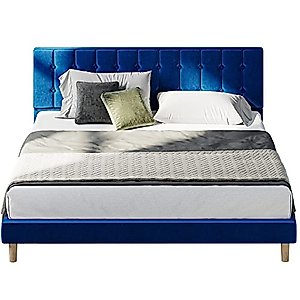 LIKIMIO King Bed Frame and Headboard, Velvet Upholstered King Platform Bed with Sturdy Metal Support/No Box Spring Needed/Noise-Free/Easy Assembly, Royal Blue