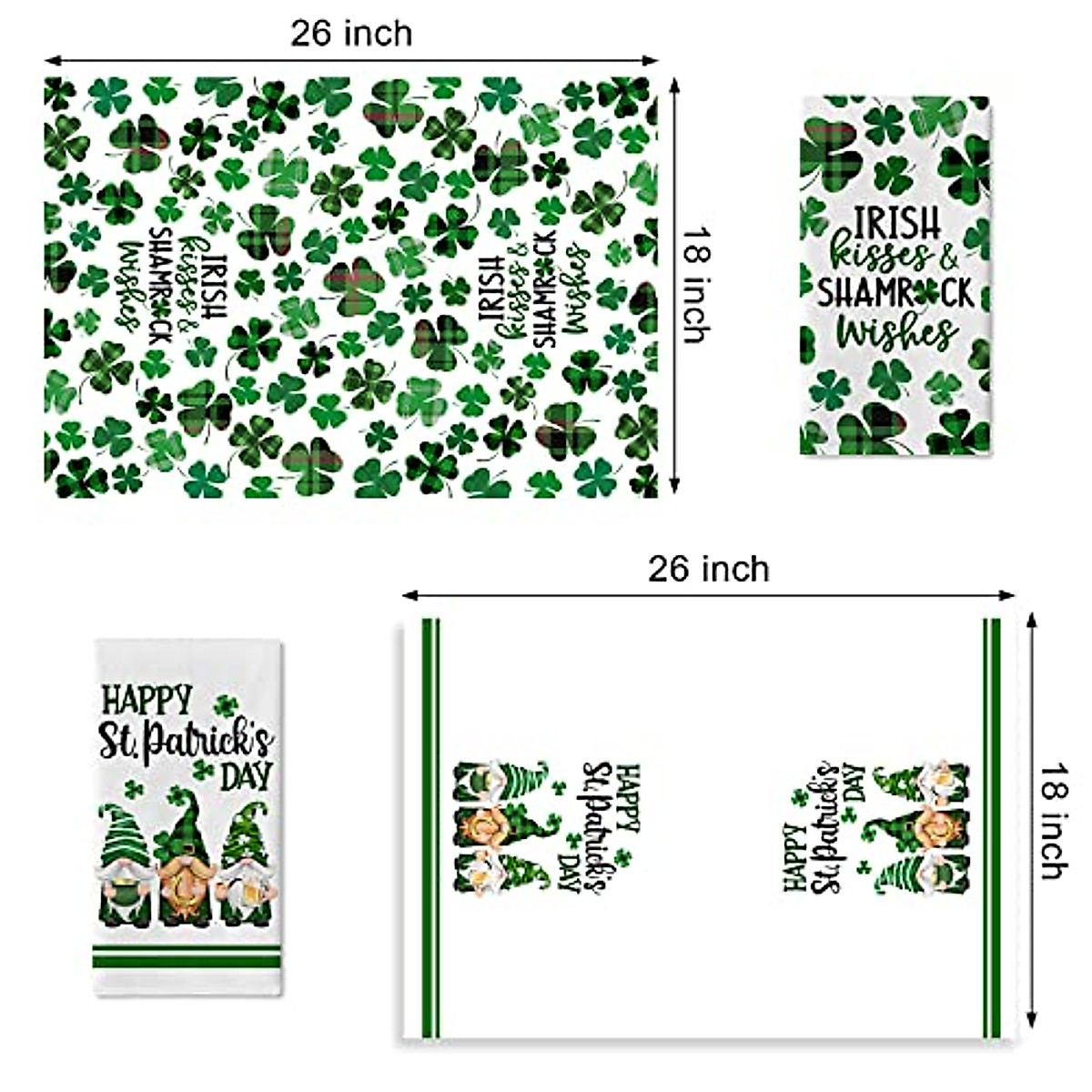 Seliem Happy St. Patrick's Day Gnome Clover Kitchen Dish Towel Set of 2, Irish Kisses Shamrock Wishes Hand Towel Green Check Drying Baking Cooking Cloth, Spring Holiday Home Kitchen Decor 18x26 Inches