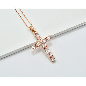 Natural Pink Morganite 5X4 MM Gemstone Holy Cross Pendant Necklace 925 Sterling Silver October Birthstone Morganite Jewelry Proposal Gift For Girlfriend(PD-8323) (16 Inches, Rose Gold Plated Silver)