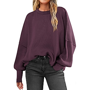 ANRABESS Women Crewneck Batwing Long Sleeve 2024 Fall Oversized Side Slit Ribbed Knit Pullover Sweaters Top Cozy Outfits Fuchsia Medium
