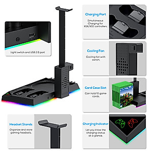 RGB Charging Stand with Cooling Fan for Xbox Series X Console &Controller,Dual Charger Station Cooler System Accessories with 15 RGB Light,2x1400mAh Rechargeable Battery,Headphone stand,Game Disc Slot