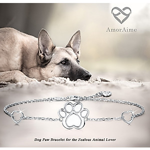 AmorAime 925 Sterling Silver Bracelet Dog Cat Paw Print of Love Heart Charm Adjustable Link Bracelets for Women for Pet Lover