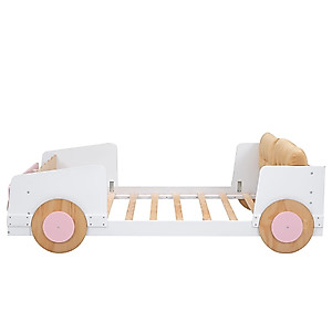 Yehha Full Size Platform Bed w/Upholstered Headboard & Storage Shelves Footboard, Wooden Bedframe with Wheels & Headlights for Kids, White