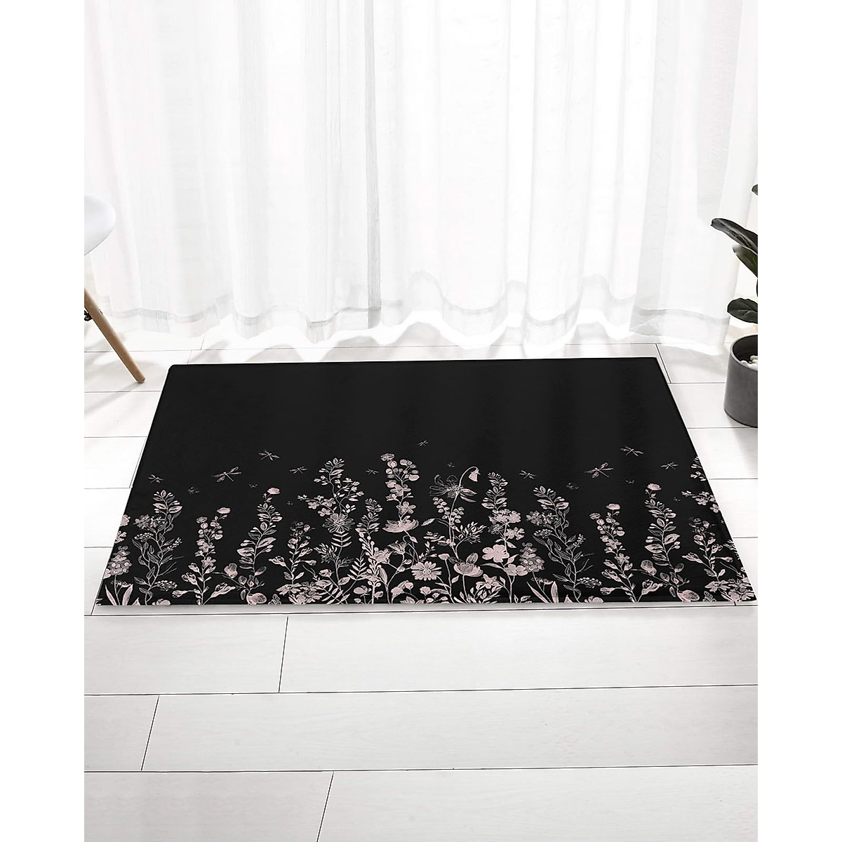 Black Flower Plush Rug Non Slip Bath Mat, Soft Shaggy Long Fur Fuzzy Bath Rugs 16" x 24" Vintage Floral Aesthetic Leaves Dragonfly Carpet Mat for Bathroom Shower Home