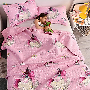 Quilt Set Twin Size Girls Quilt Bedding Twin Quilts Girls Kids Quilt Bedspreads Coverlet Pink Unicorn Bedding Girls Lightweight Reversible Quilts Set Bedding Girls Pink Quilt with Pillow Shams