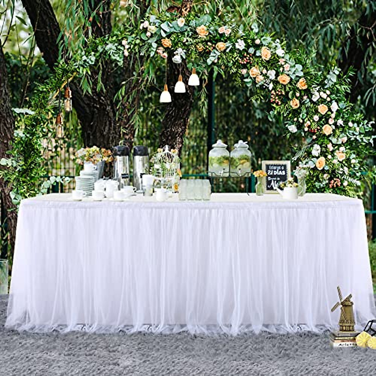 6ft White Tulle Table Skirt for Rectangle or Round Tables Tutu Table Skirt White Ruffle Table Cloth for Wedding Bridal Shower Baptism Birthday Party Christening Banquet Table Decorations(L6(ft)H 30in)