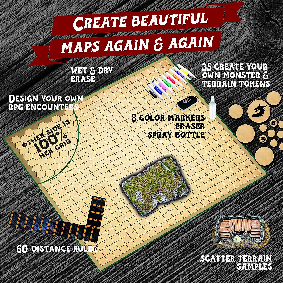 Parchment of Planning - 24x24 Square & Hex Dry Erase Battle Mat Game Board - 60FT Distance Ruler and Monster Tokens