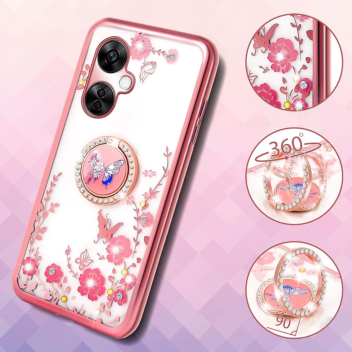 nancheng for OnePlus N30 5G Phone Case, Case for OnePlus Nord N30 5G (6.72-inch) Cute Soft Silicone Pink Cover for Girls Women with Diamond Ring Kickstand Shockproof Protection Case - Rose Butterfly