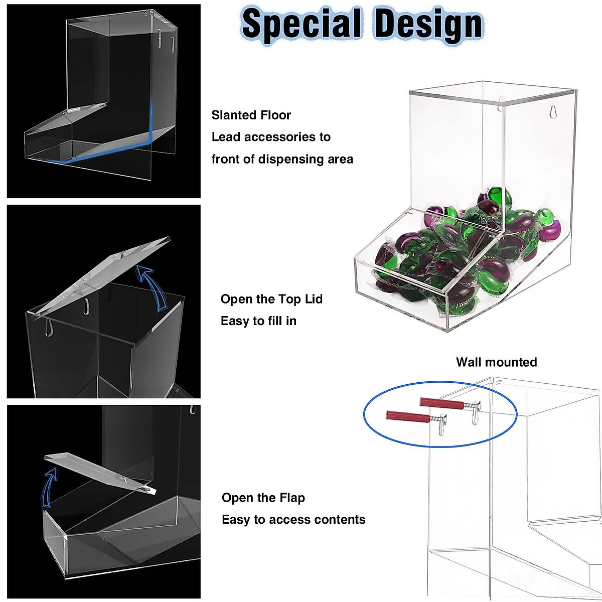 Gnjoyxuan Laundry Pods Container, Acrylic Candy Dispenser with 2 Lid, Dishwasher Pod Holder, Laundry Organization for Laundry Room, Home, kitchen, Office Used- Stand or Wall Mount