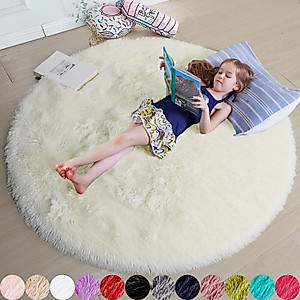 Amdrebio Ivory Round Rug for Bedroom,Fluffy Circle Rug 4'X4' for Kids Room,Furry Carpet for Teen's Room,Circular Rug for Nursery Room,Fuzzy Plush Rug for Dorm,White Carpet,Cute Room Decor for Baby