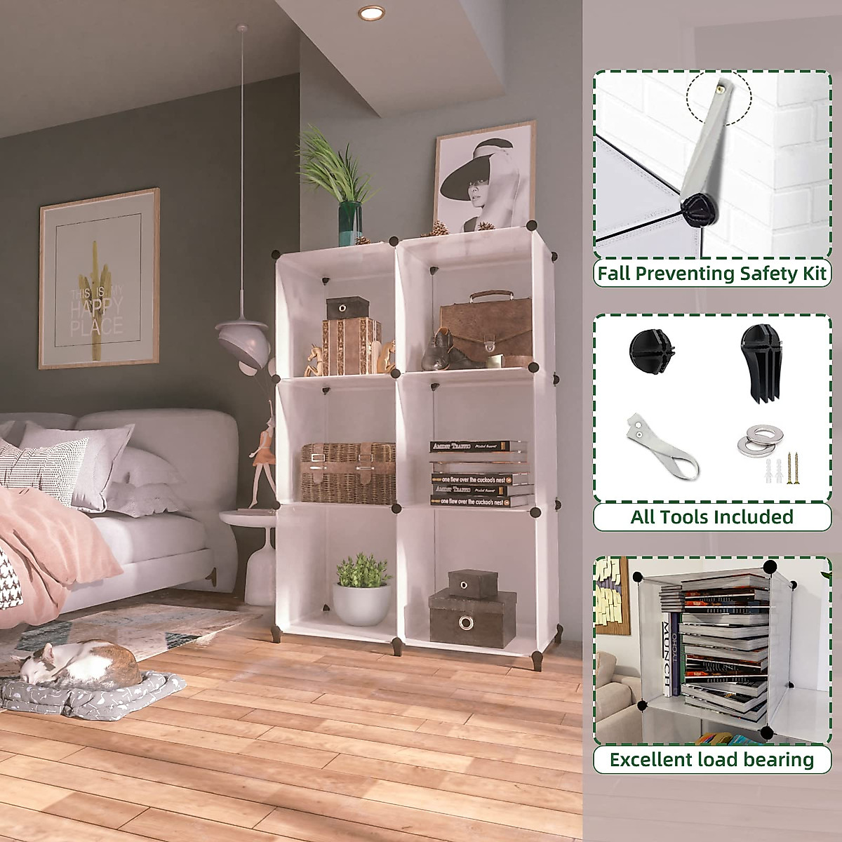 Homywish Cube Storage Organizer 6-Cube Closet Storage Shelves with Wooden Hammer DIY Closet Cabinet Room Storage Bookshelf Plastic Square Organizer Shelving for Home, Office, Bedroom, White…