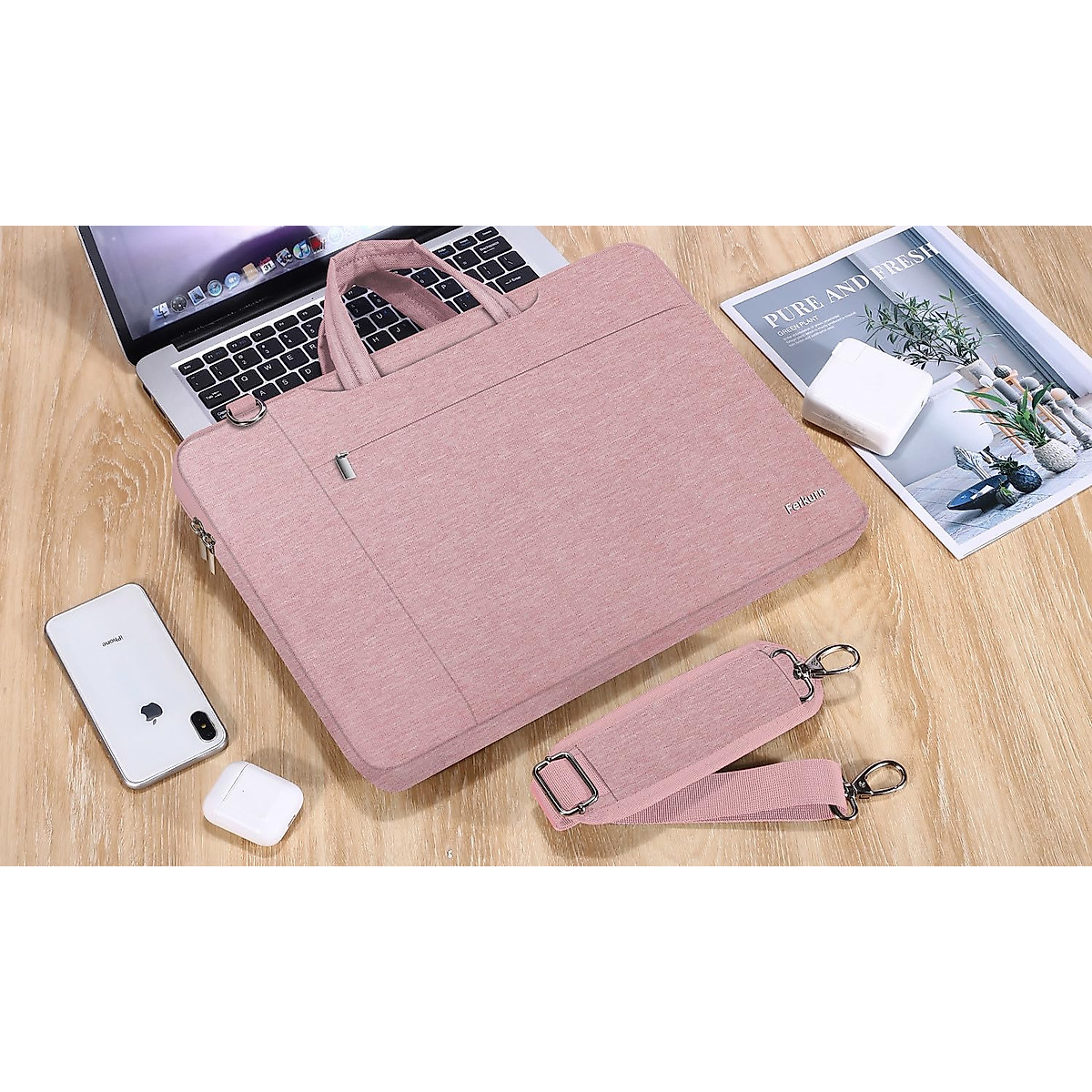 Ferkurn Laptop Bag Case Women Men Computer Sleeve with Shoulder for HP Envy Pavilion/Inspiron/Thinkpad/ASUS TUF Vivobook/MSI/MacBook/Surface,Waterproof Briefcase with Handle, Pink, 15 15.6 Inch