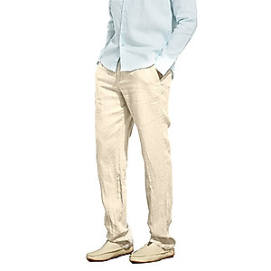 Manwan walk Men’s Casual Beach Trousers Elastic Loose Fit Lightweight Linen Summer Pants K70 (Large, Beige)