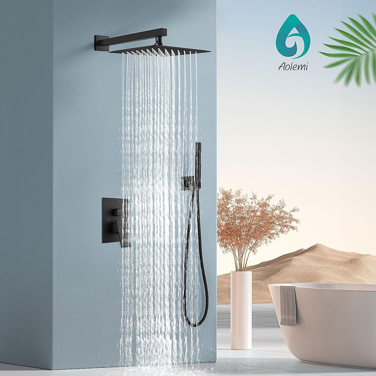 Aolemi Shower System with Rainfall Shower Head and Handheld,High Pressure Shower Faucet Set Fixture Combo with 2 in 1 Handheld Spray Rough-in Valve Included,Wall Mount 12 Inch Matte Black