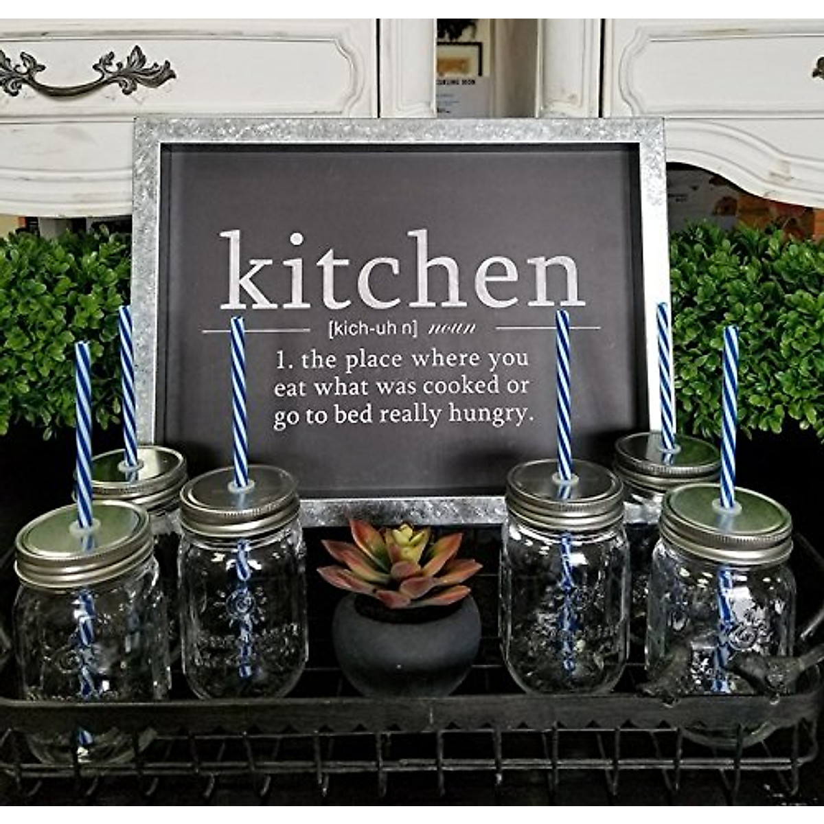 Sunshine Mason Co. Glass Mason Jar Set with Silver Lids and Blue Stripe Straws, Set of 6