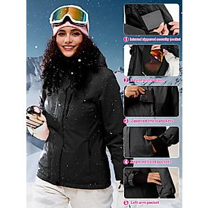 FREE SOLDIER Women's Waterproof Ski Snow Jacket Fleece Lined Warm Winter Rain Jacket with Hood Fully Taped Seams(Black,3XL)
