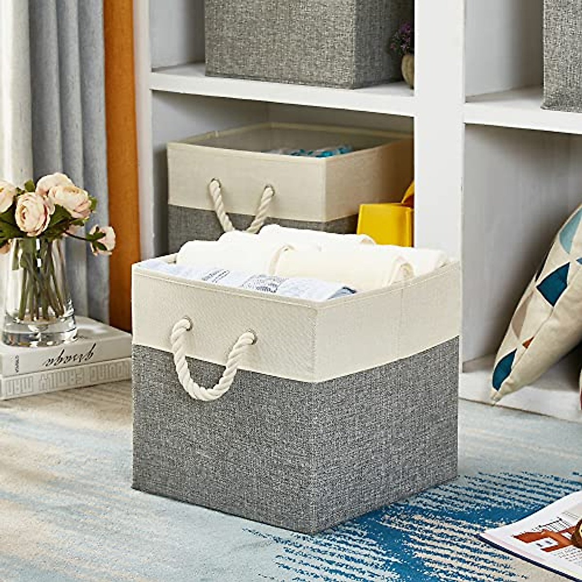 Onlycube Foldable Fabric Storage Bins 13x13x13 inch for Cube Organizer with Cotton Rope Handles, Collapsible Basket Box Organizer for Shelves and Closet, Beige/Grey, 4Pack
