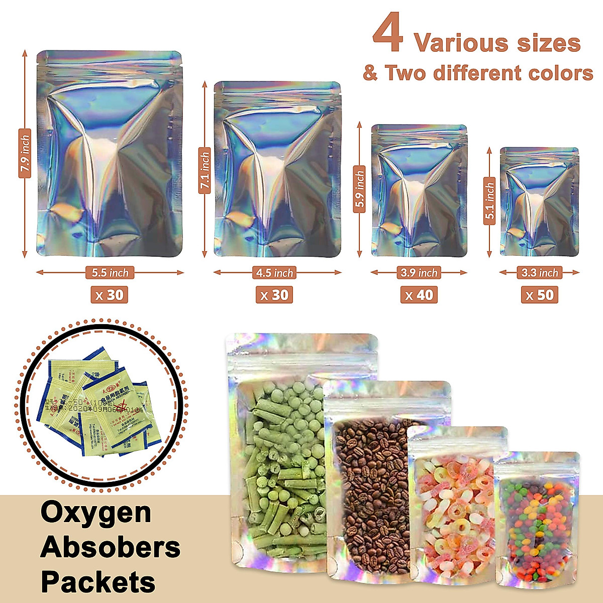 Mylar Bags| Bolsas Mylar| Resealable Bags| Lipgloss Bags| Small Bags for Pckaging| Lash Bags Wholesales| Nail Packaging Boxes| Mylar| Food Storage Bags 4 different sizes 150 pieces (Holographic)