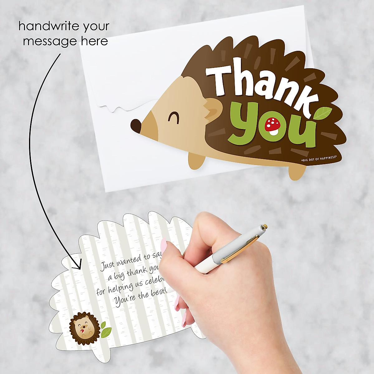 Big Dot of Happiness Forest Hedgehogs - Shaped Thank You Cards - Woodland Birthday Party or Baby Shower Thank You Note Cards with Envelopes - Set of 12