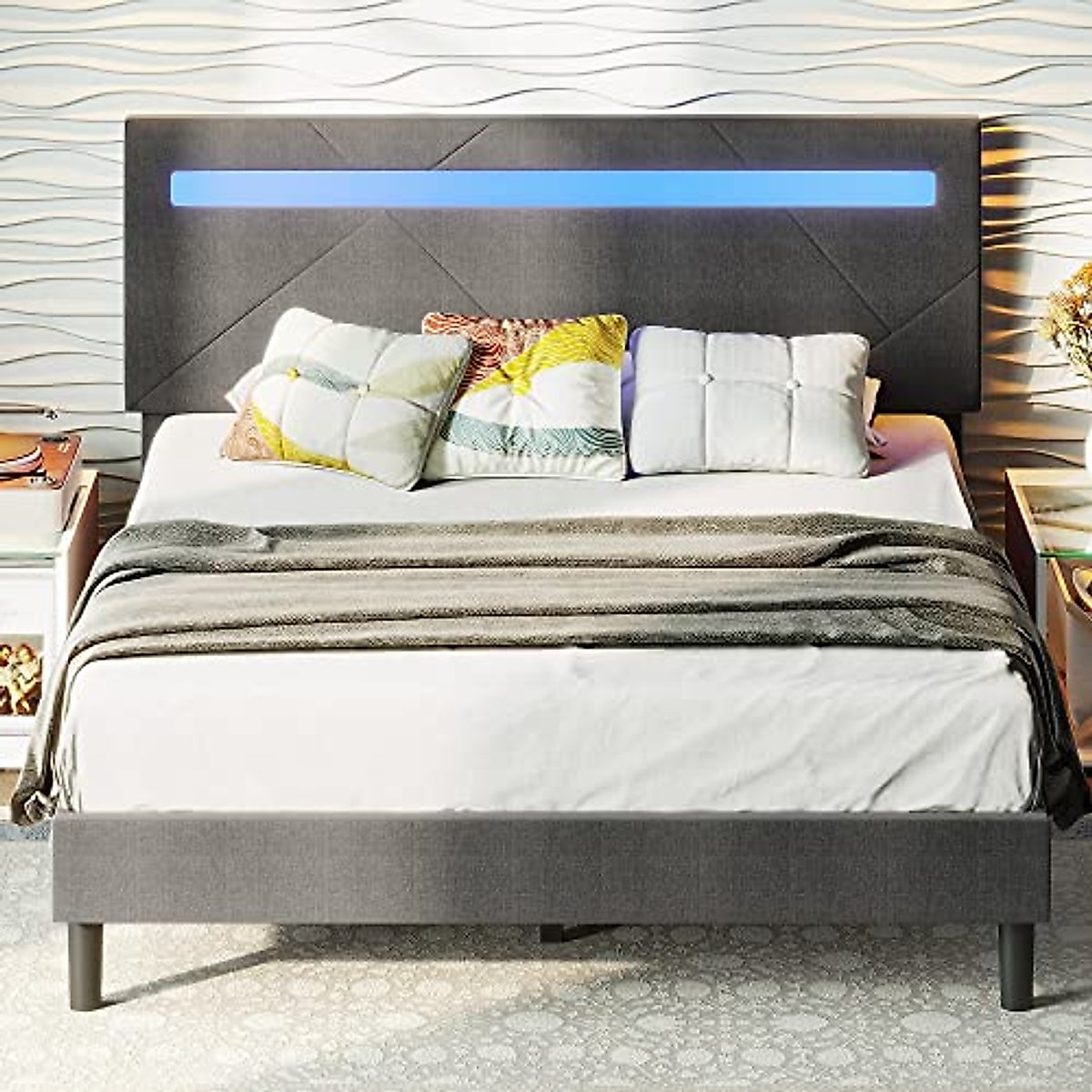 LIKIMIO Full Bed Frame, Upholstered Modern Platform Bed Frame with Height Adjustable Headboard and LED Lights, No Box Spring Needed/Noise-Free/Easy Assembly (Dark Grey, Full)