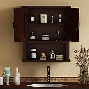 ChooChoo Wood Wall Cabinet with Doors, Medicine Cabinet with Adjustable Shelves Over The Toilet, Rustic Cabinet Wall Mounted for Bathroom, Kitchen, Living Room, Dark Cherry