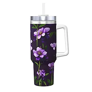 HULIBIN Blooming Purple Flowers Print Double Deck Stainless Steel Travel Coffee Cup With Lid 40 Oz Ice Bully Cup
