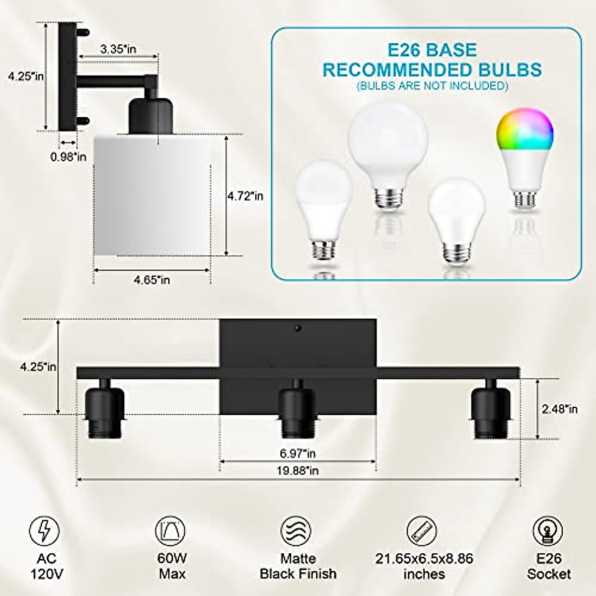 Dekang 3-Light Bathroom Vanity Light Fixtures Over Mirror, Modern Anti-Rust Black Wall Sconces for Bedroom, Living Room, Decor Milky White Glass Shades, E26 Standard Base, Bulbs Not Included