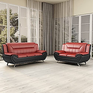 Container Furniture Direct S5732-L Modern Style Faux Leather Loveseat with Extra Comfortable Pillow Top Armrests Ideal for Living Room, Bedroom or Home Office Couch, 61.3’’ Wide, red/Black