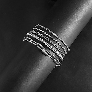 CONRAN KREMIX Silver Chain Bracelet for Women,Stake Layered Dainty Link Paperclip Bracelets Set,Trendy Silver Jewelry For Women