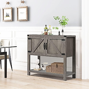 4ever2buy Farmhouse Coffee Bar Cabinet with Barn Doors, Grey Coffee Bar Stand with Storage, 36 inch Coffee and Tea Bar with Bottom Shelf for Living Dining Room