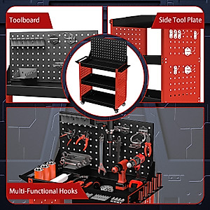 ZFULVO 3-Tier Rolling Tool Cart with Lockable Swivel Wheels, Tool Board, and Multi-Purpose Hooks - Supports up to 600 lbs - Ideal for Mechanics, Garages, Warehouses and Repair Shops.