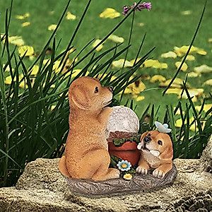 Garden Dog Statues with Solar Lights for Outdoor Garden Decor, Resin Garden Sculptures & Figurines for Patio, Balcony, Yard, Lawn Ornament, Housewarming Garden Gift