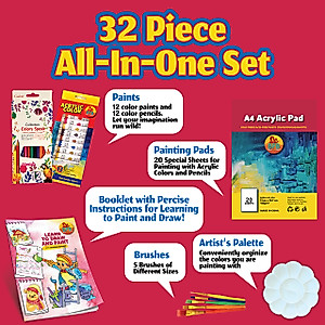 BFB Paint Set for Kids with Learn How to Draw Booklet - 32 Painting Supplies Kids Painting Kit, Premium Paint Kit for Children, Kids Paint Set Art and Painting Supplies Canvas Paint Set for Kids 7+