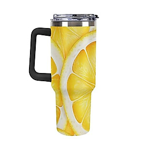 Lemon Slice Pattern 40 Oz Water Bottle, Stainless Steel Tumbler with Handle And Straw, Extra Large Insulated Tumbler, Flip Straw Tumblers for Sports, Work, Car, Travel And Weekends