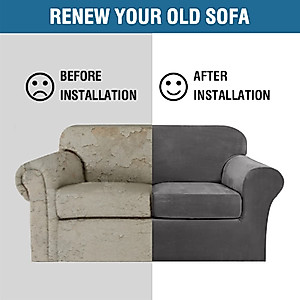 H.VERSAILTEX Real Velvet Plush 3 Piece Stretch Sofa Covers Couch Covers for 2 Cushion Couch Loveseat Covers Width Up to 72 Inch Feature Thick Soft Stay in Place (Medium Sofa, Grey)