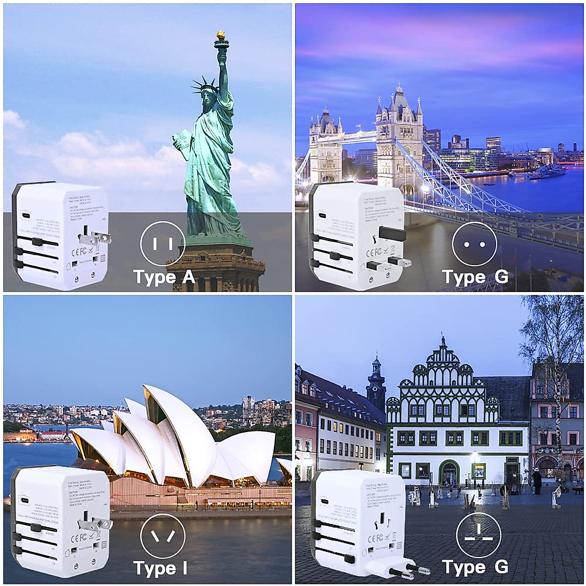 Universal Power Adapter, USB International Travel Adaptor All in One Worldwide Plug Fast Charger Outlet with 4 USB Ports AC Socket for US to AU UK Europe Over 224 Countries