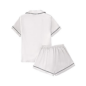 LYANER Women's Satin Pajamas Set Short Sleeve Button Shirt Silky Sleepwear With Shorts Set PJ White Medium