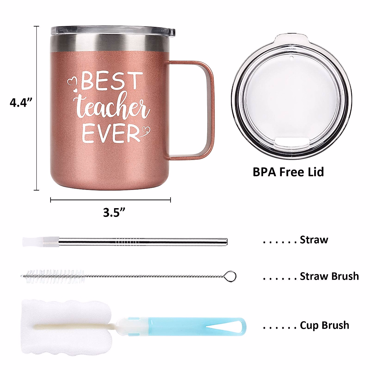 Qtencas Teacher Gifts, Best Teacher Ever Coffee Mug, Thank You Appreciation Gifts for Teachers Women on Birthday Christmas, 12 Oz Stainless Steel Travel Mug, Rose Gold